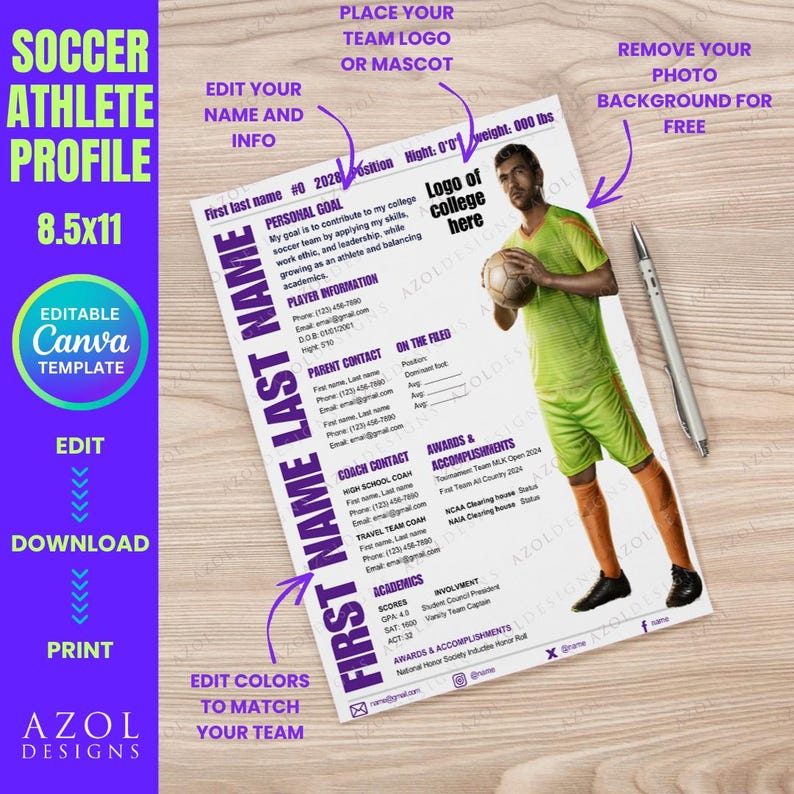 Editable Soccer Athlete Profile Template, College Recruiting (canva) - Etsy