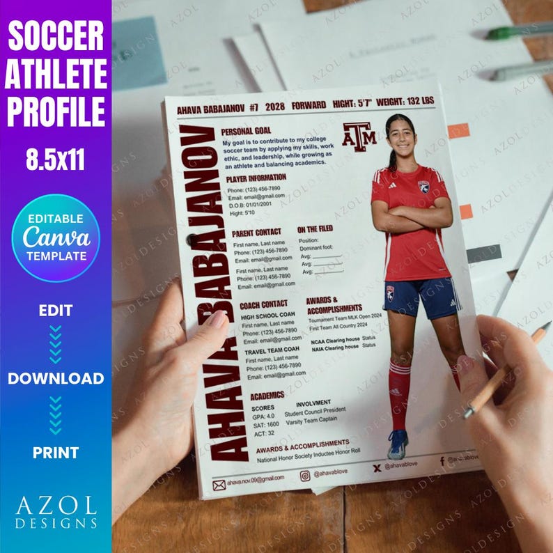 Soccer Athlete Profile Sheet Photo College Recruiting Editable Canva ...