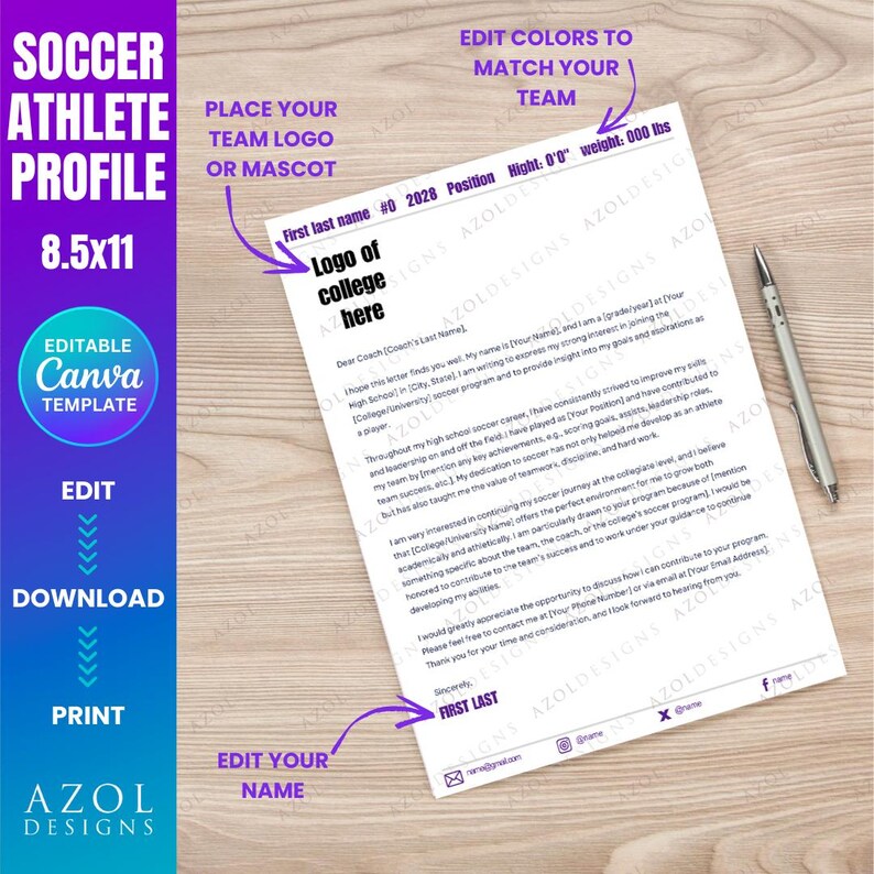Soccer Athlete Profile Sheet Photo College Recruiting Editable Canva ...