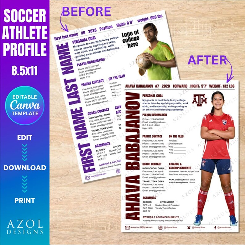 Soccer Athlete Profile Sheet Photo College Recruiting Editable Canva Template Camps Showcases ...
