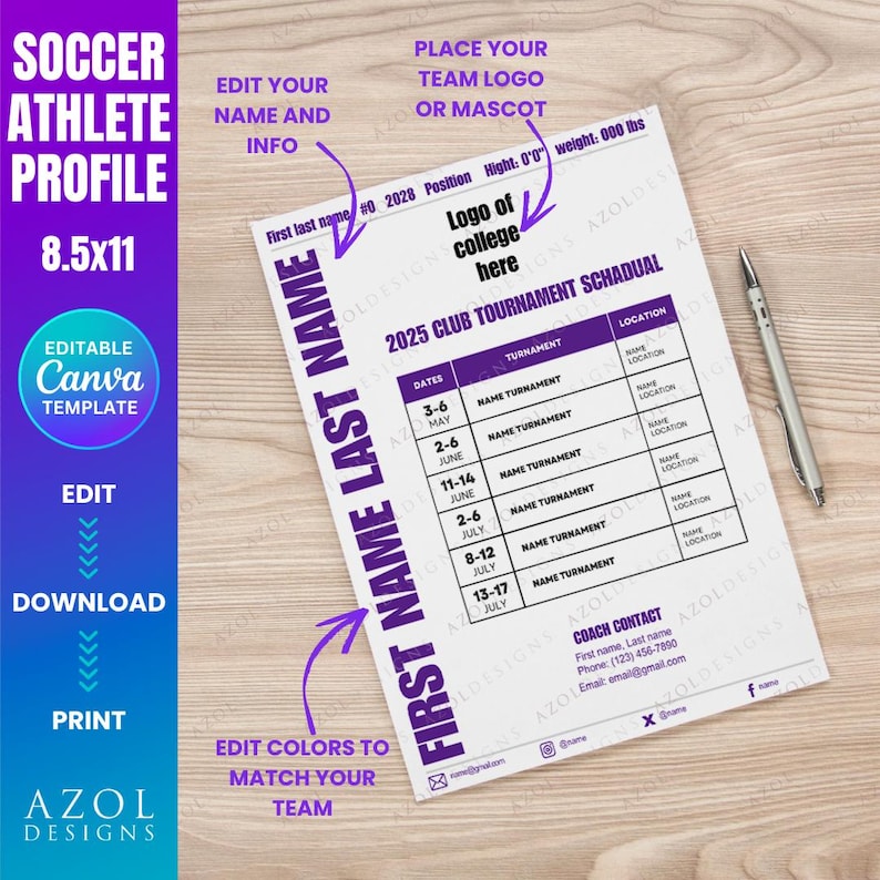 Soccer Athlete Profile Sheet Photo College Recruiting Editable Canva Template Camps Showcases ...