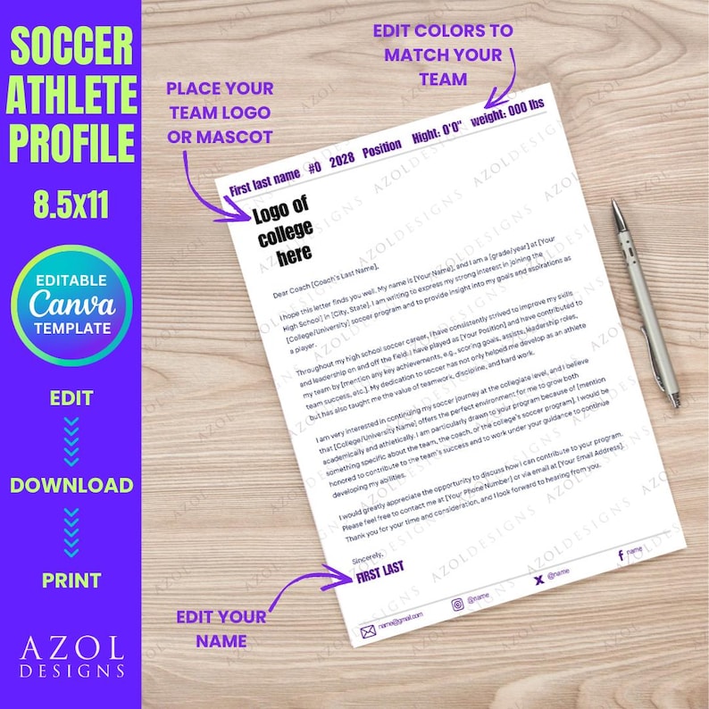 Editable Soccer Athlete Profile Template, College Recruiting (canva) - Etsy