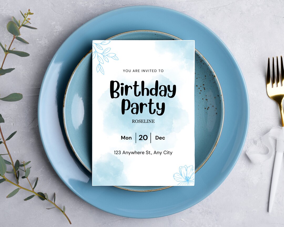 Invitación de cumpleaños editable en azul y blanco, tema de cumpleaños ...