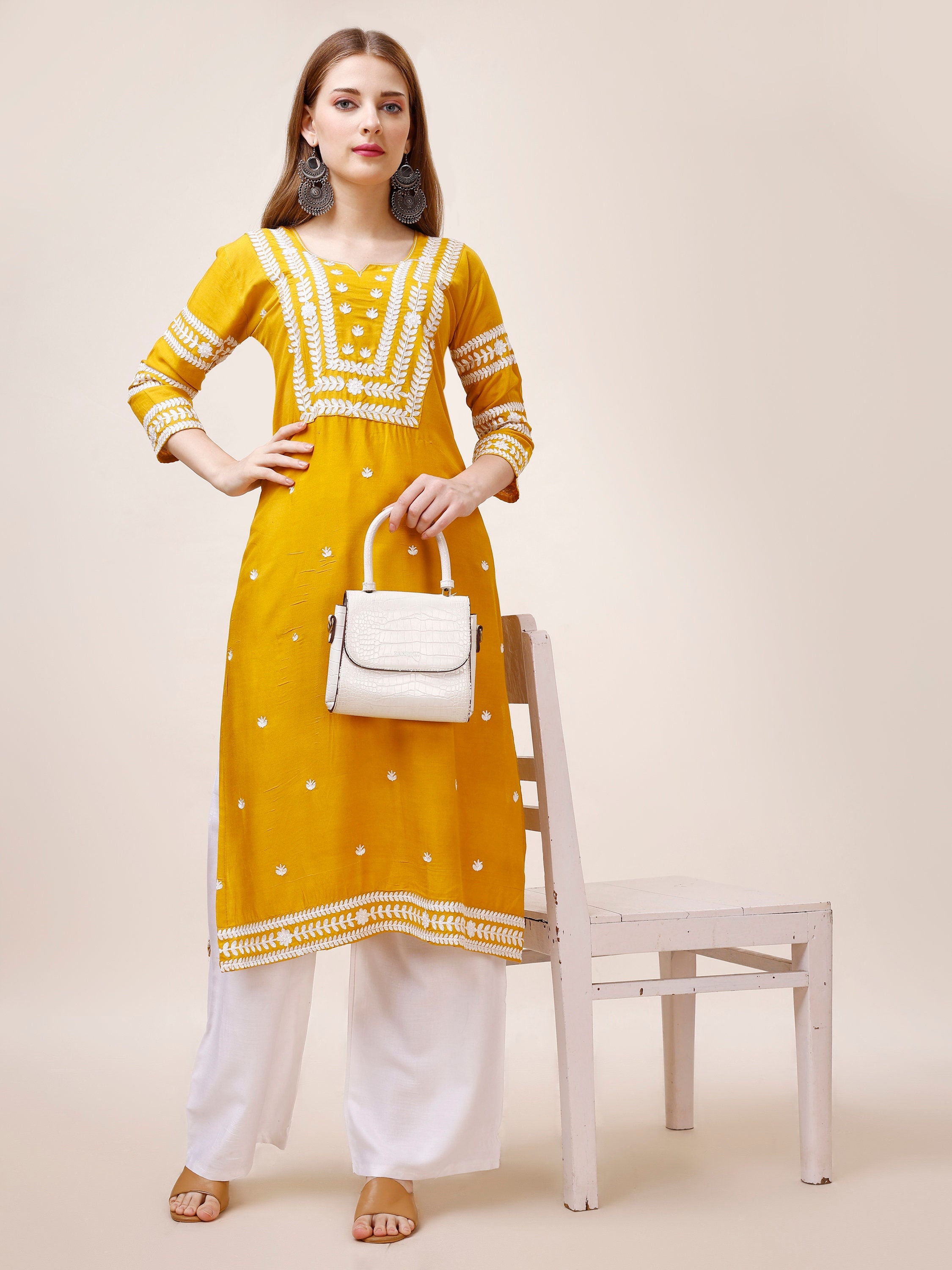 Yellow Ethnic Motifs Yoke Design Thread Work Rayon Kurta Indian Party ...