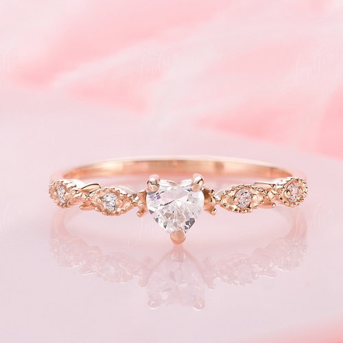 Rose Gold Heart Engagement Ring Womens Heart Promise Ring - Etsy