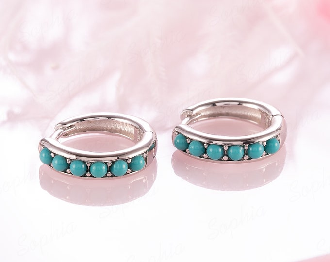 Turquoise Hoops Earrings in 925 Sterling Silver, Dainty Minimalist ...