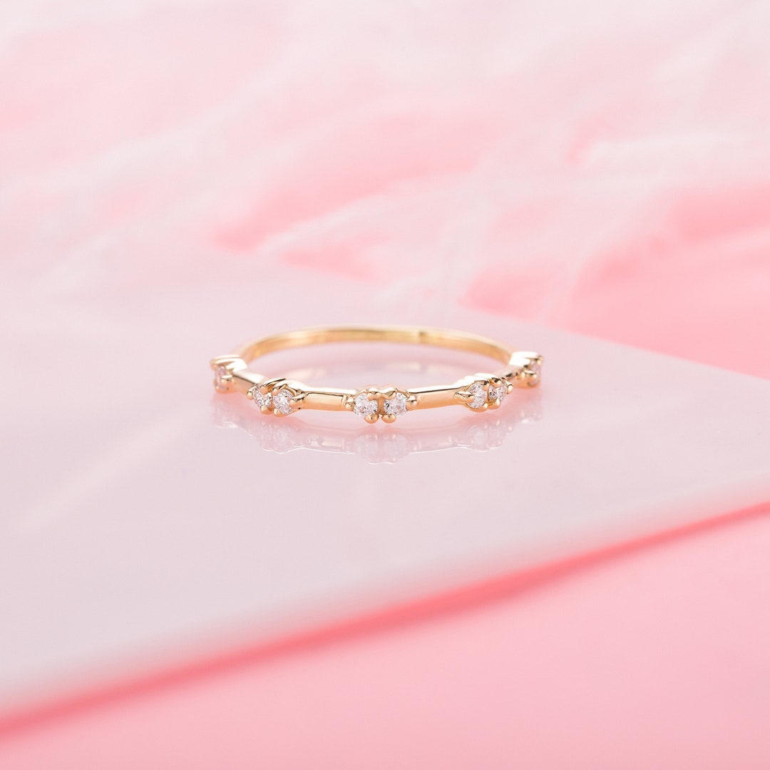 Half Eternity Minimalist Wedding Band for Her, 14k Yellow Gold Women Cz ...