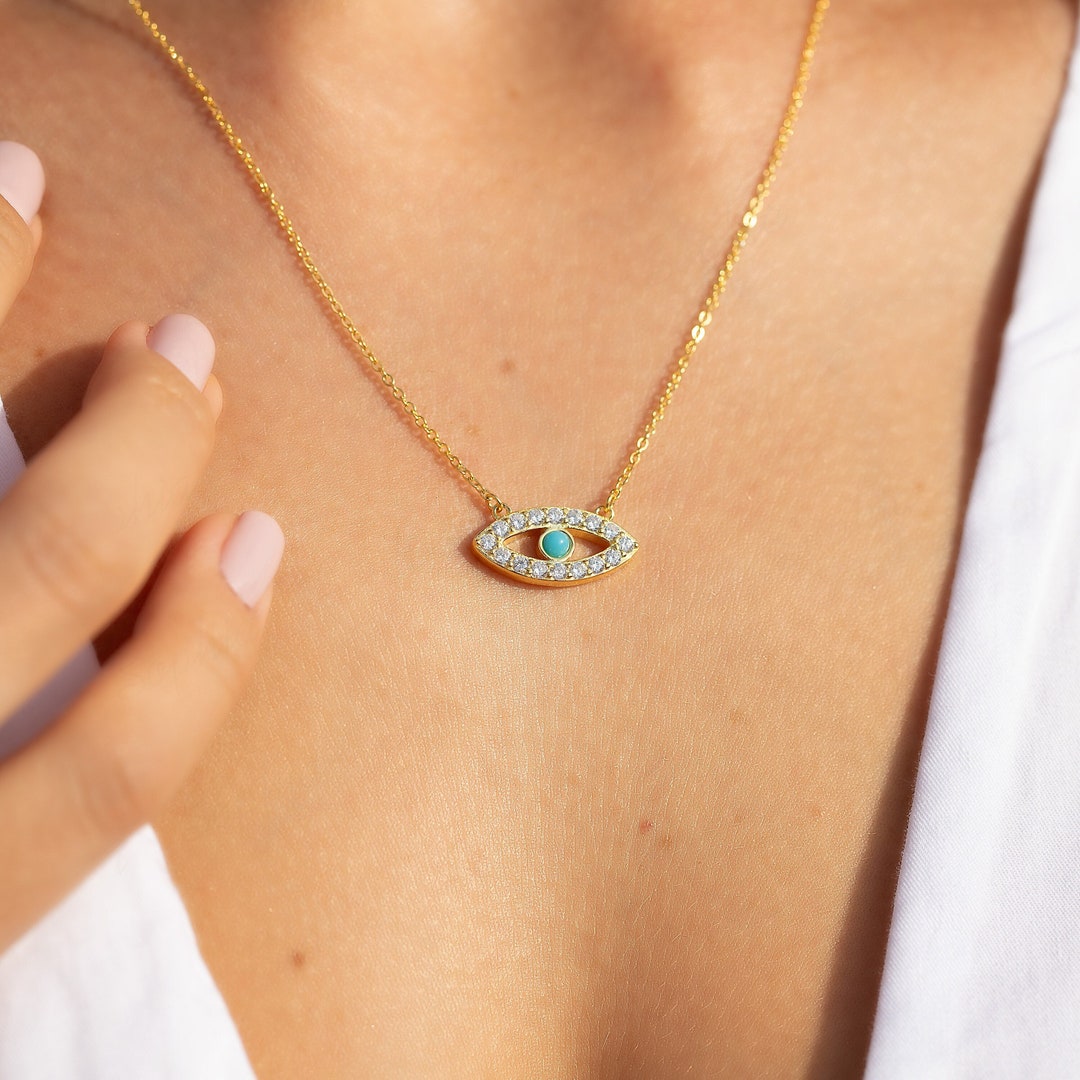 Dainty 14k Gold Turquoise Evil Eye Necklace, Unique Minimalist Evil Eye ...