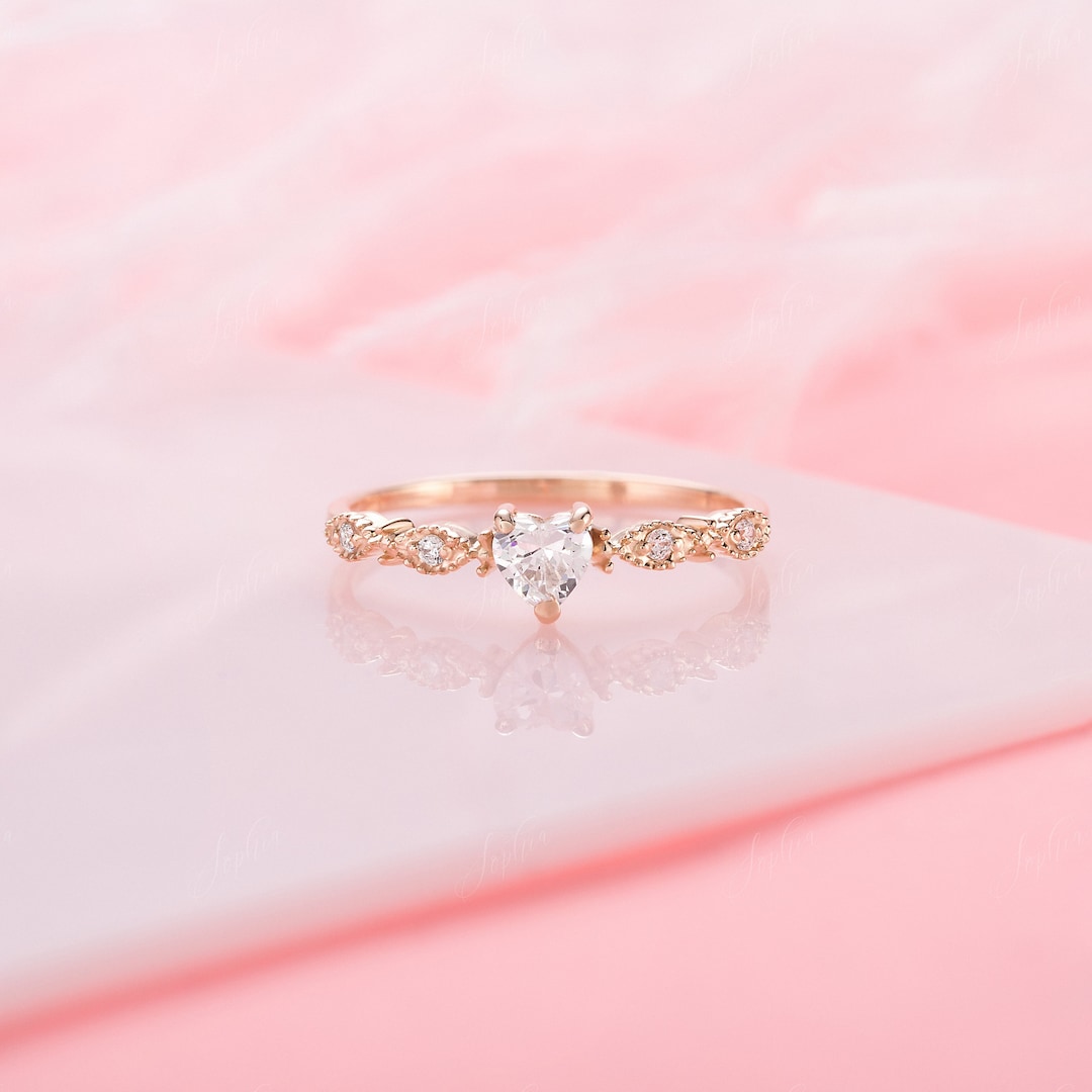 Heart Engagement Ring Rose Gold Heart Promise Ring for Her - Etsy