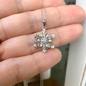 Silver Snowflake Necklace/ CZ Snow Flake Charm Pendant on Chain/ Cubic ...