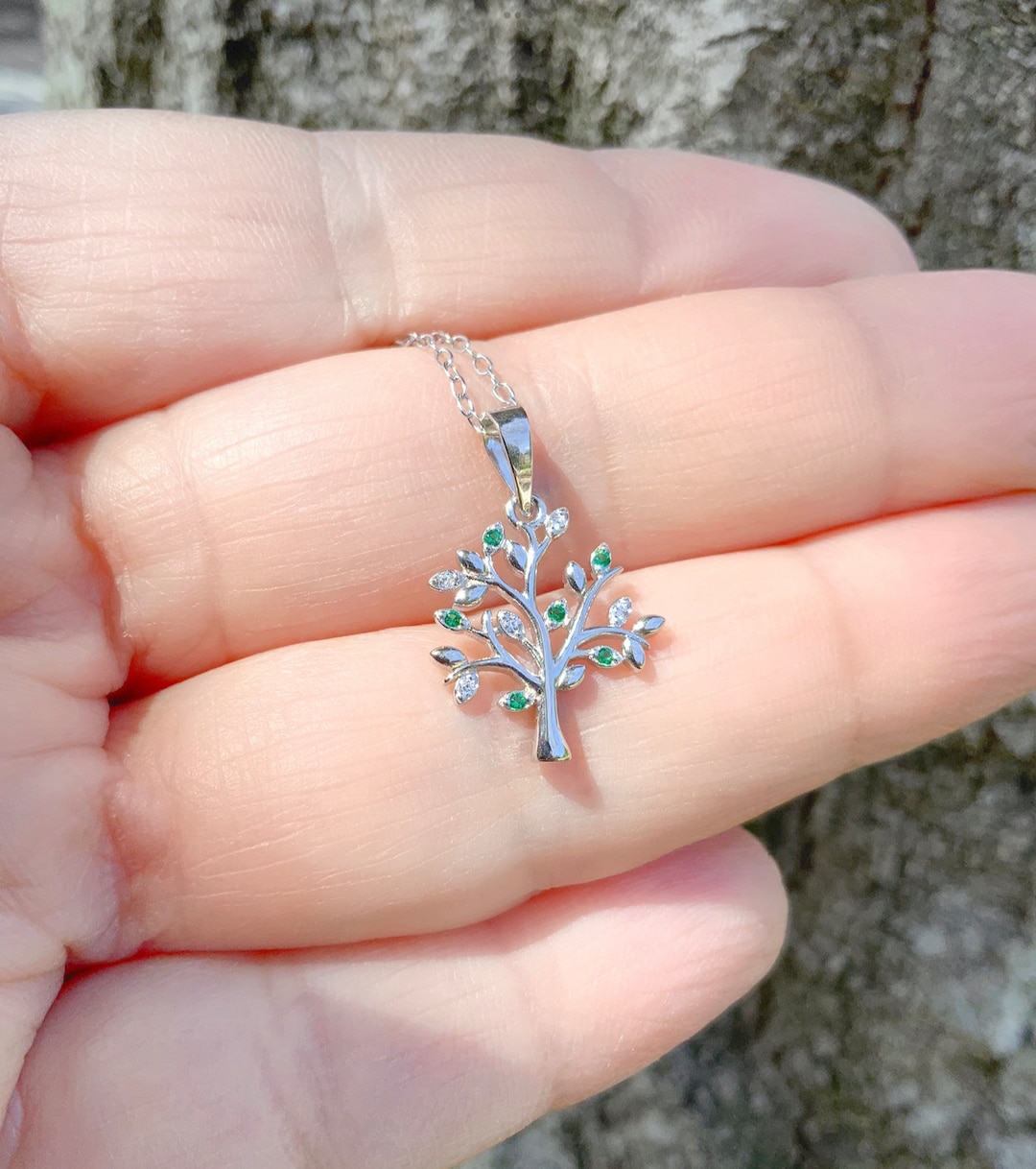 Silver Tree Necklace/ Tree of Life Pendant With Green Leaves/ Blooming ...