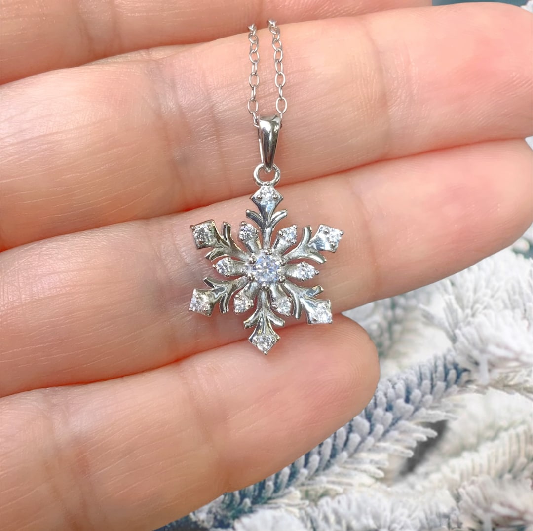 Silver Snowflake Necklace/ CZ Snow Flake Charm Pendant on Chain/ Cubic ...