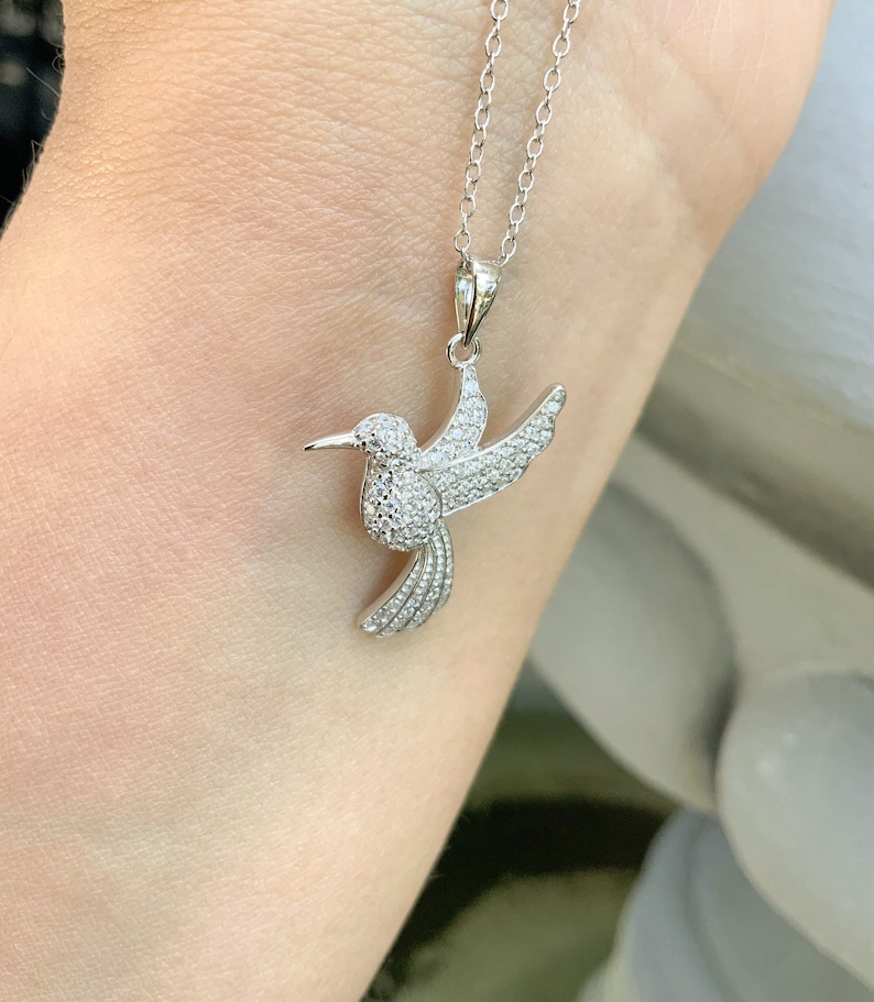Sterling Silver Hummingbird Necklace: Pave CZ Crystal Bird Pendant - Etsy