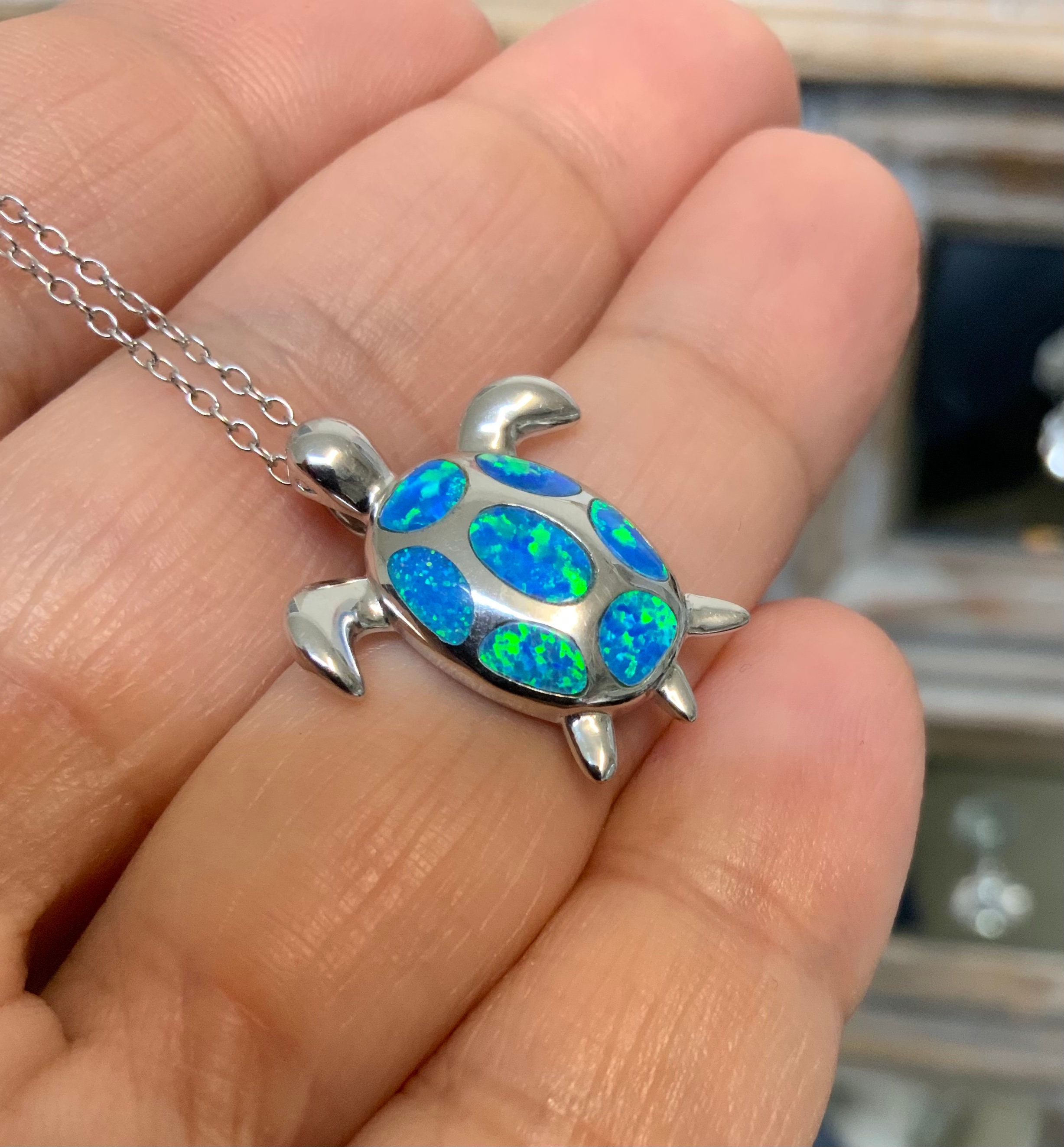 Turquoise Blue Opal Turtle Necklace/ 925 Sterling Silver Sea - Etsy