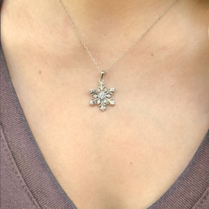 Silver Snowflake Necklace/ CZ Snow Flake Charm Pendant on Chain/ Cubic ...
