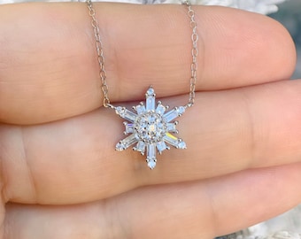 Silver Snowflake Necklace/ CZ Snow Flake Charm Pendant on Chain/ Cubic ...