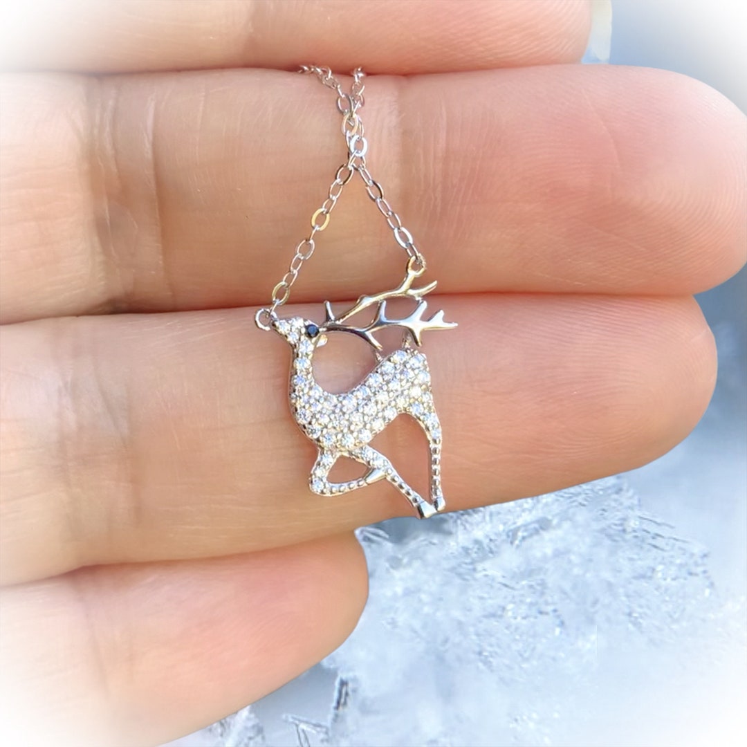 Sterling Silver Deer Necklace: Pave CZ Reindeer Pendant, Winter Jewelry ...