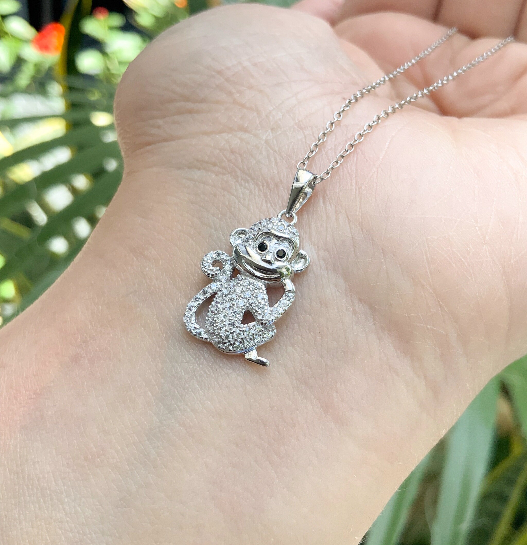 Monkey Necklace/ Silver CZ Monkey Charm on Chain/ Wild Animal Charm ...