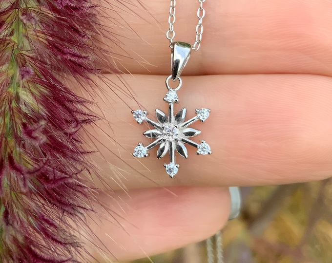 Silver Snowflake Necklace/ CZ Snow Flake Charm Pendant on Chain/ Cubic ...