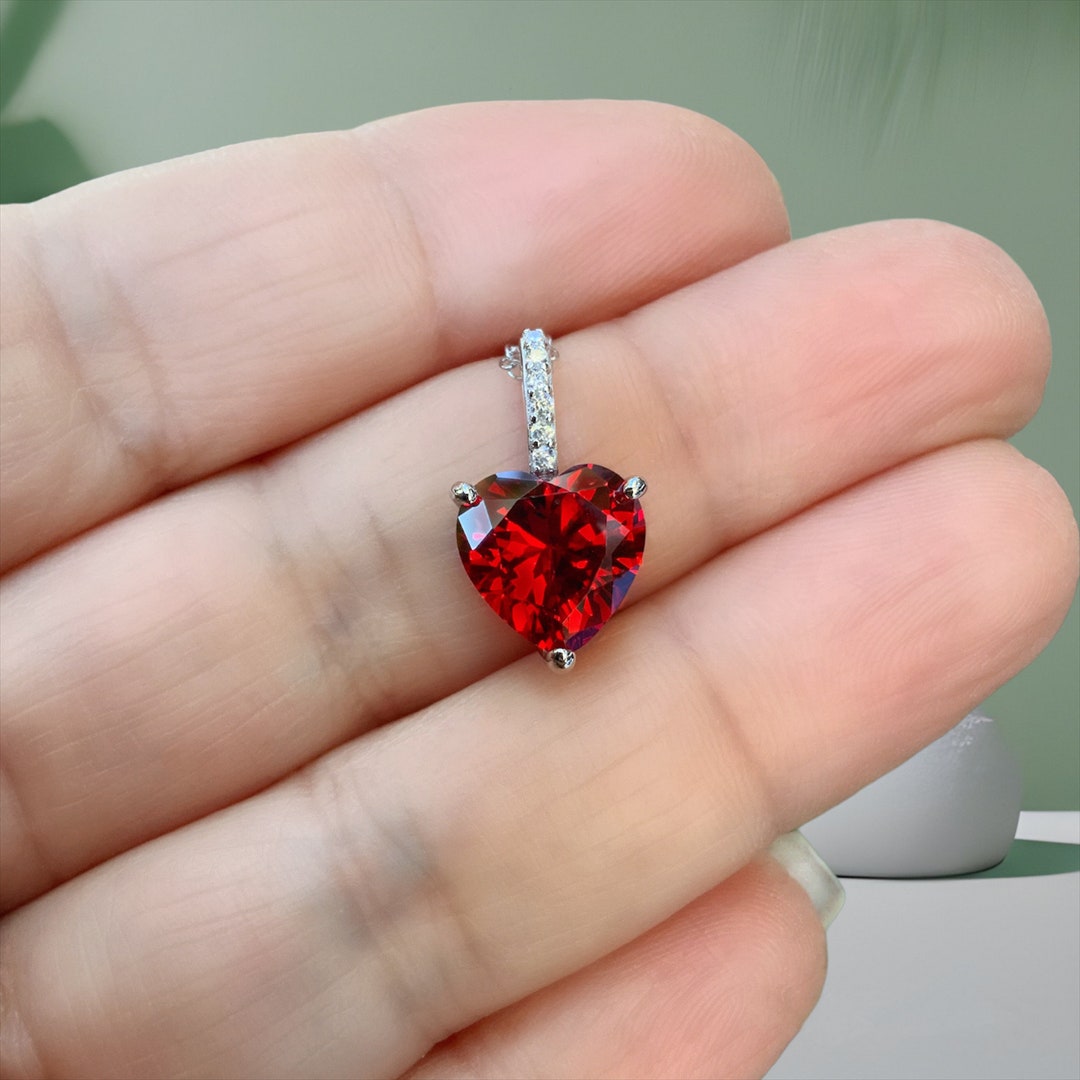 Silver Red Heart Necklace/ 10mm Heart Shape Garnet Red CZ Solitaire ...