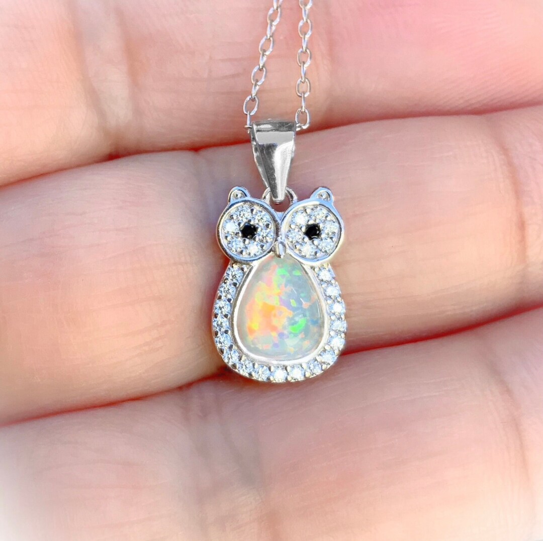 Opal Owl Necklace: Sterling Silver CZ Pave Animal Jewelry - Etsy