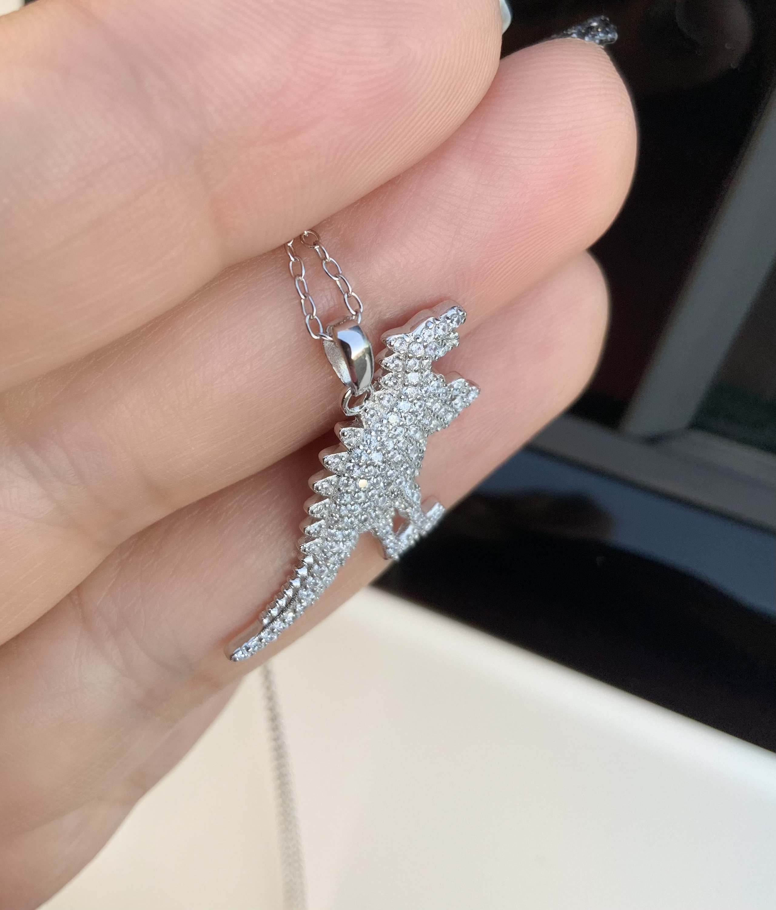 T-rex Necklace/ Pave CZ Silver Dinosaur Pendant/ Tyrannosaurus Rex Dino ...