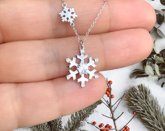 Silver Snowflake Necklace/ CZ Snow Flake Charm Pendant on Chain/ Cubic ...