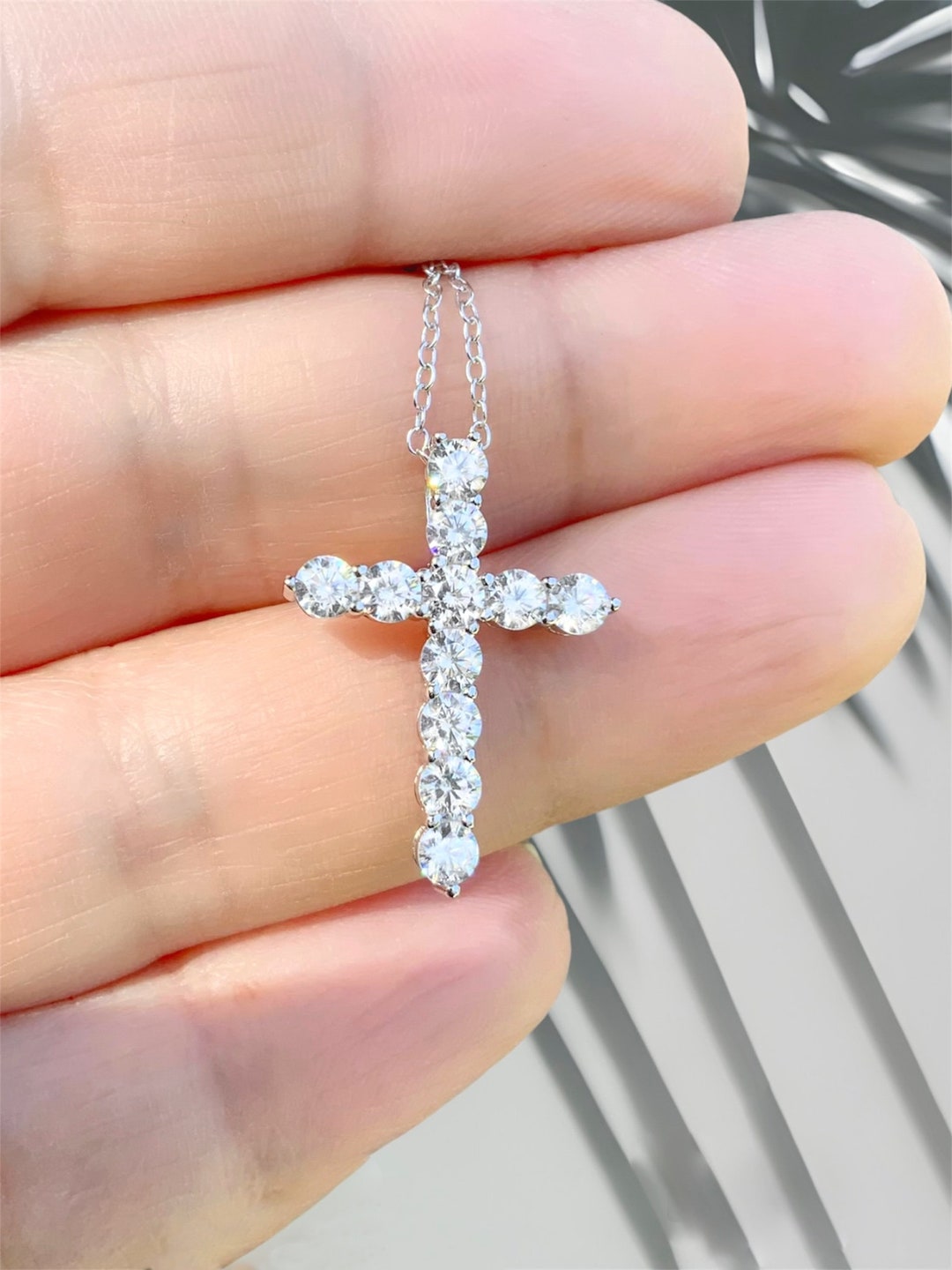 Silver CZ Cross Necklace/ Cluster Prong Set Cubic Zirconia Cross ...