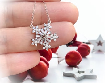 Silver Snowflake Necklace/ CZ Snow Flake Charm Pendant on Chain/ Cubic ...