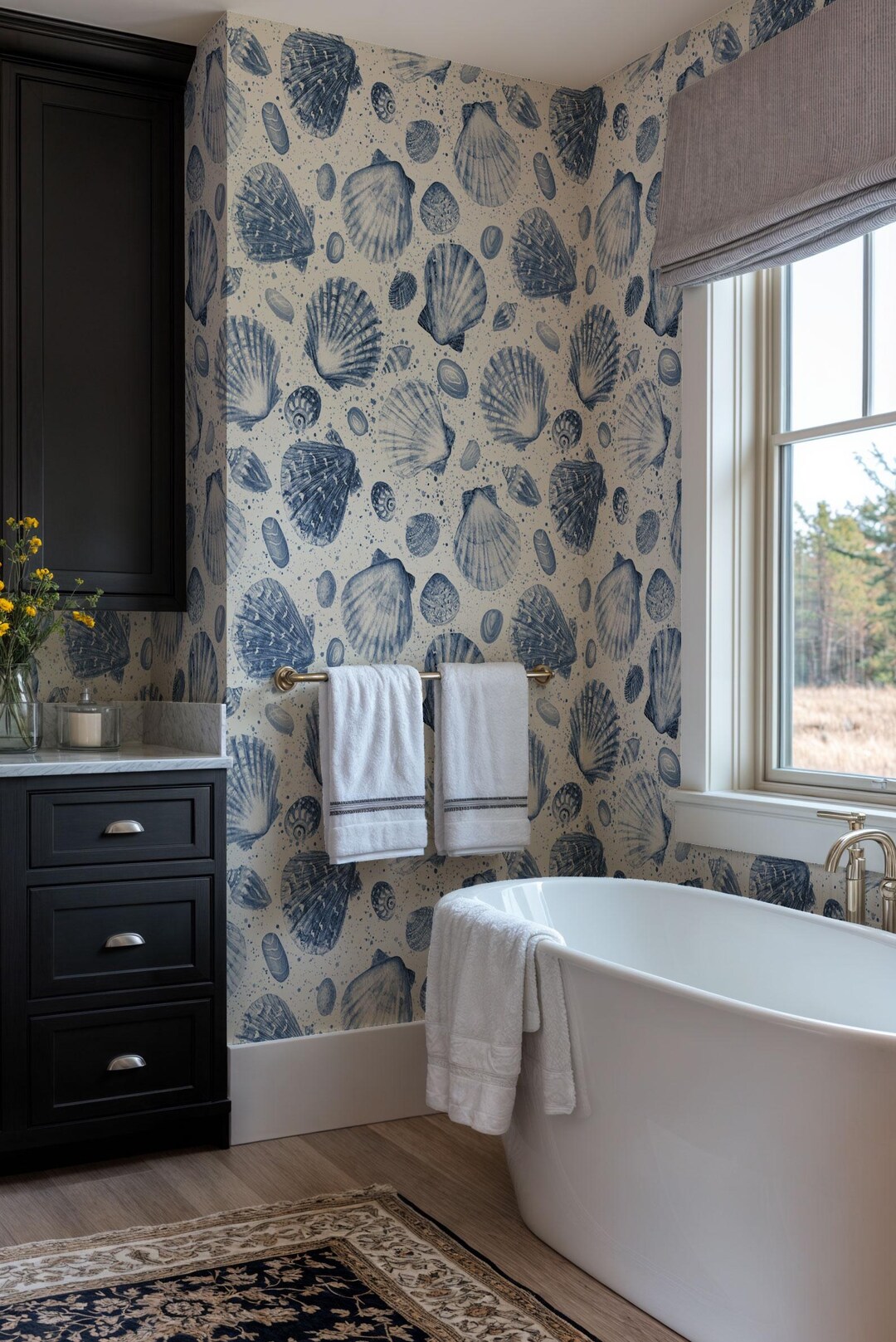Watercolor Seashell Wallpaper, Peel and Stick or Traditional, Navy Blue ...