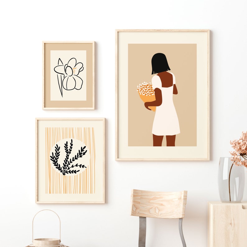 Bohemian Wall Art Set Woman Holding Flower Bouquet Botanical - Etsy
