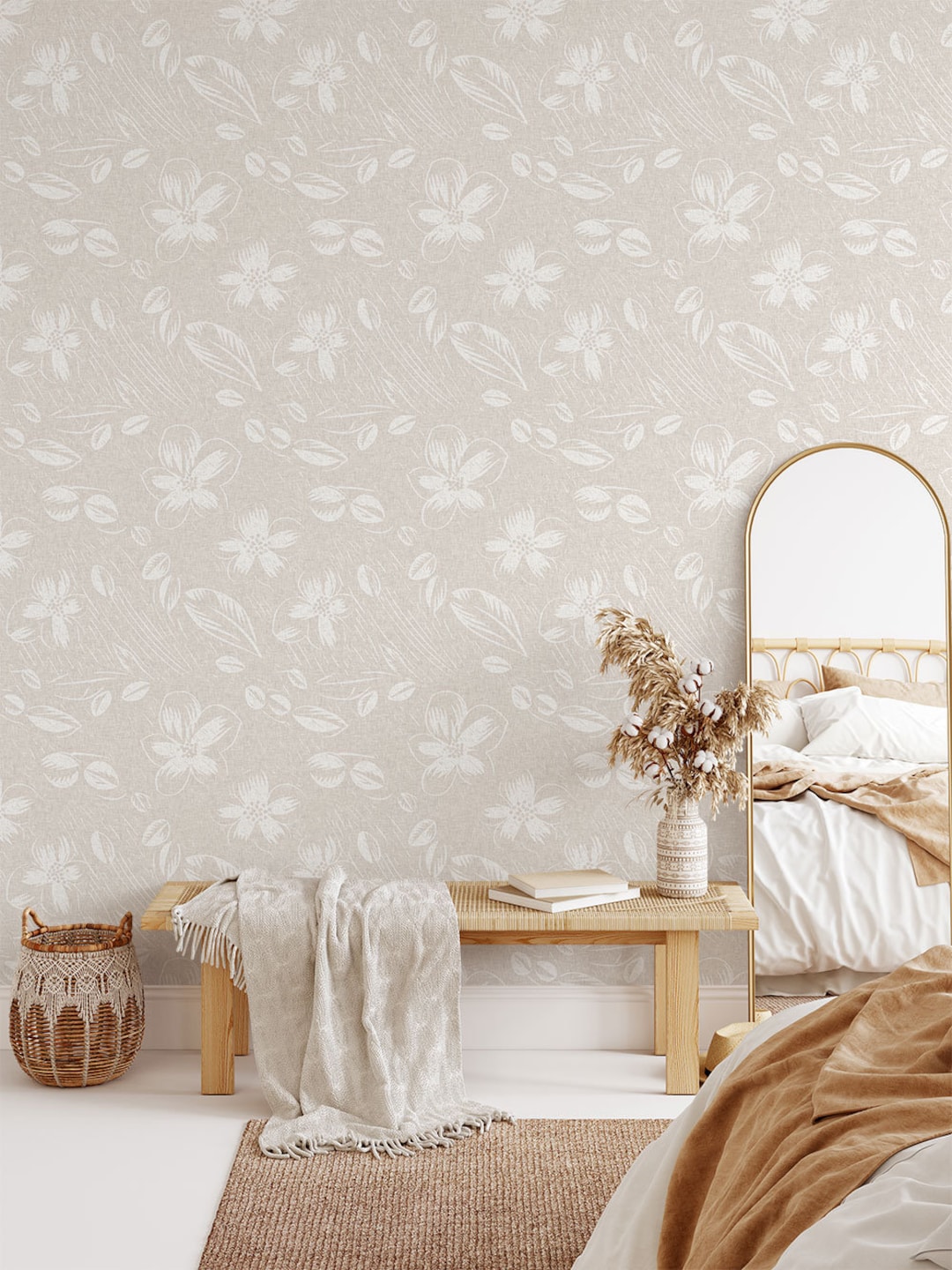 Neutral Floral Wallpaper: Light Beige Boho Wall Mural (peel and Stick ...