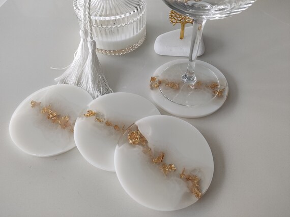 White Resin Coaster Gold Flakes Epoxy Hand-poured Coasters - Etsy
