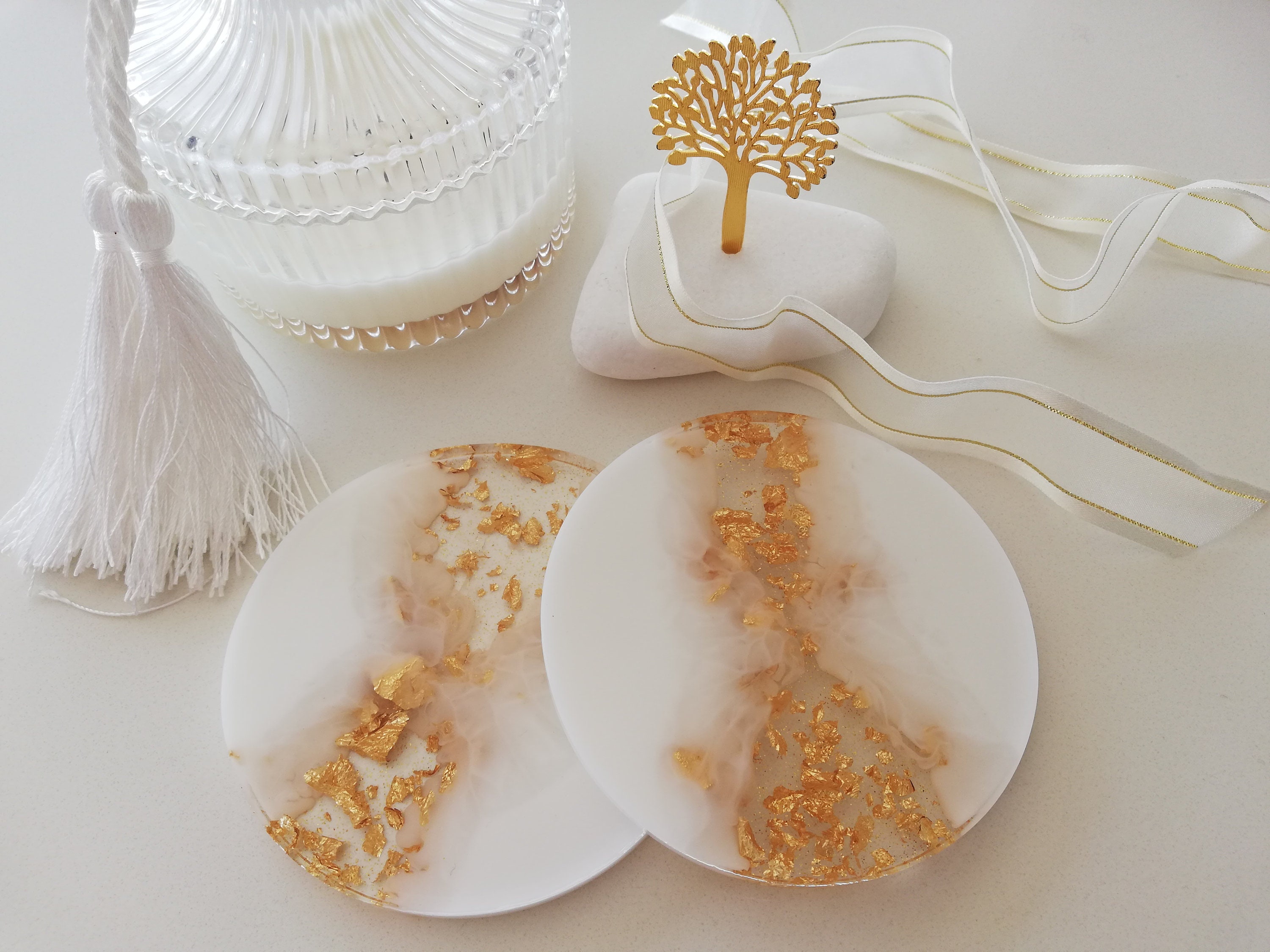 White Resin Coaster Gold Flakes Epoxy Hand-poured Coasters | Etsy