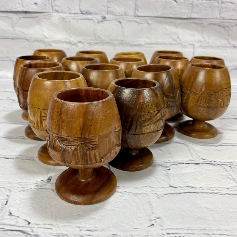 17 MCM Monkey Pod Acacia Wood Cups Goblets Handturned Handcarved Tiki ...