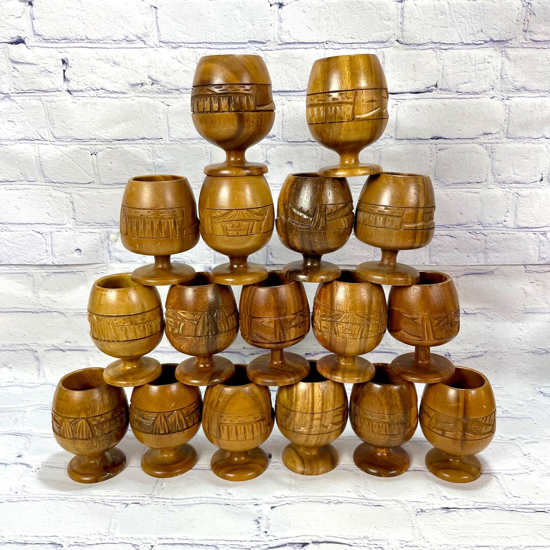17 MCM Monkey Pod Acacia Wood Cups Goblets Handturned Handcarved Tiki ...