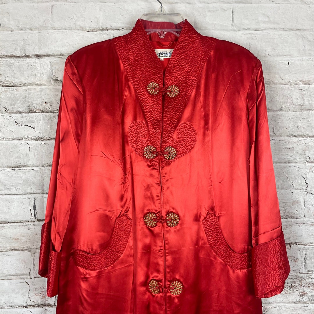 Vintage Red Chinese Mandarin Lined Long Sleeve Robe Quilted Detail Sun ...