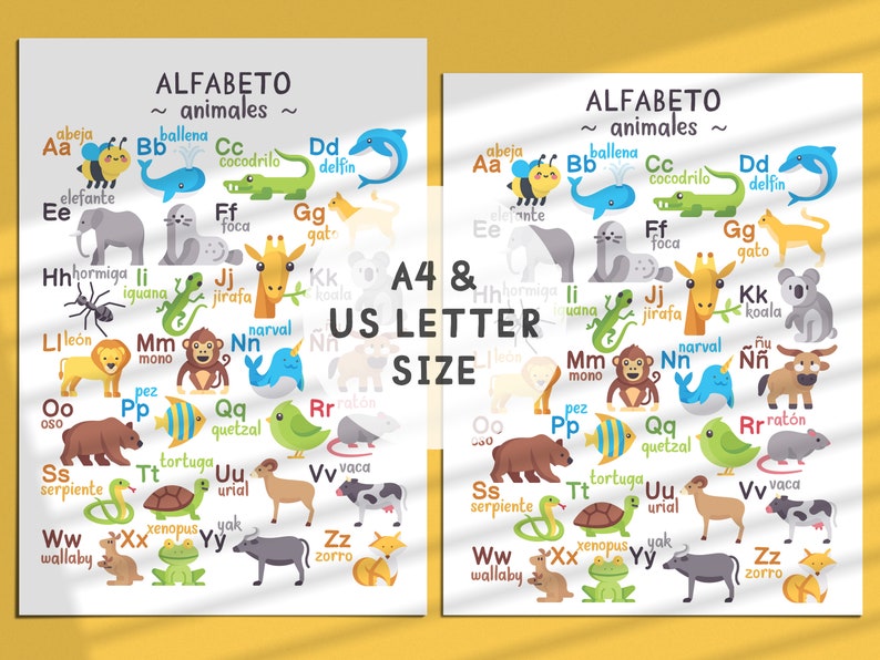 Spanish Alphabet Animals Montessori Digital Print, Learning the ...