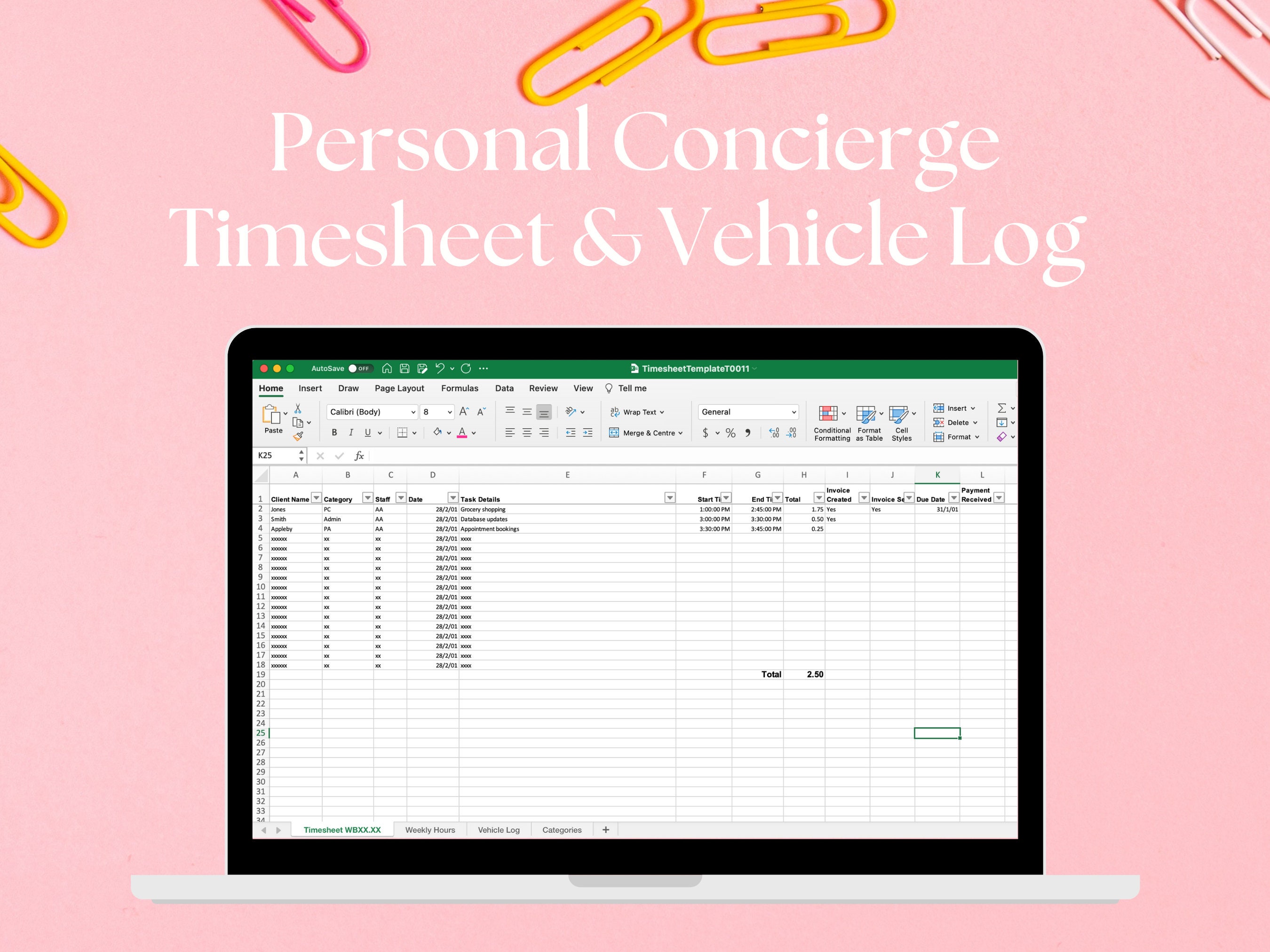Customisable Timesheet & Vehicle Log | for Personal Concierge Business ...