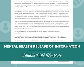 Mental Health Release of Information Form, ROI, PDF, Fillable, Editable, Printable, Therapists ...