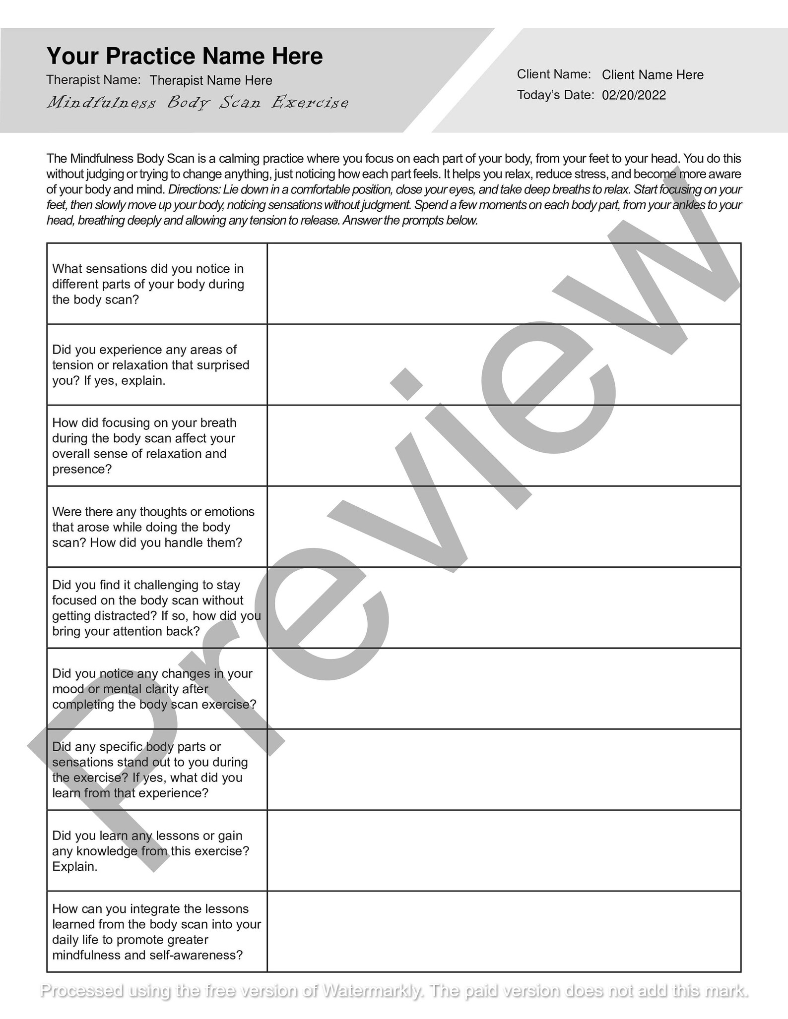Mindfulness Body Scan Worksheet | Editable / Fillable PDF | for ...