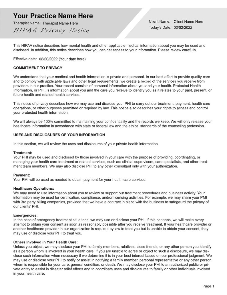 HIPAA Privacy Notice Template | Editable / Fillable PDF Template | for ...