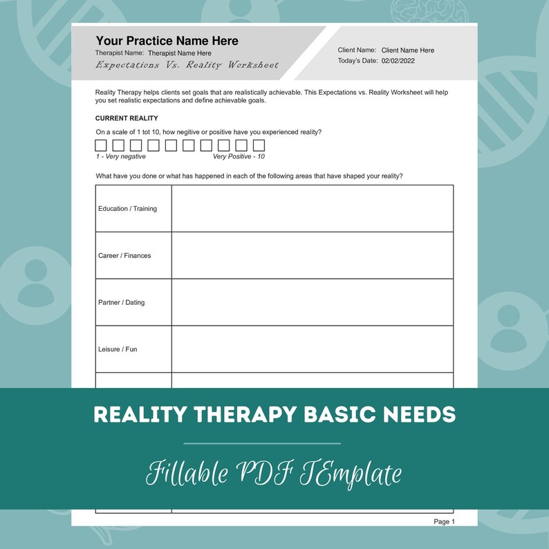 Reality Therapy Expectations Vs Reality Worksheet | Editable / Fillable ...