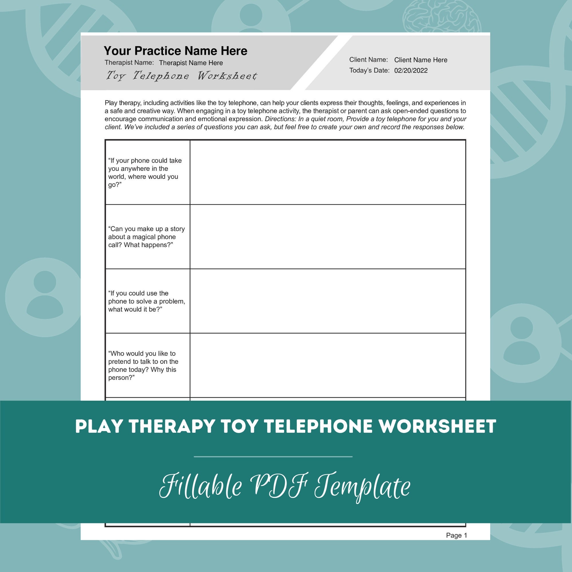 Play Therapy Toy Telephone Worksheet | Editable / Fillable PDF Template ...