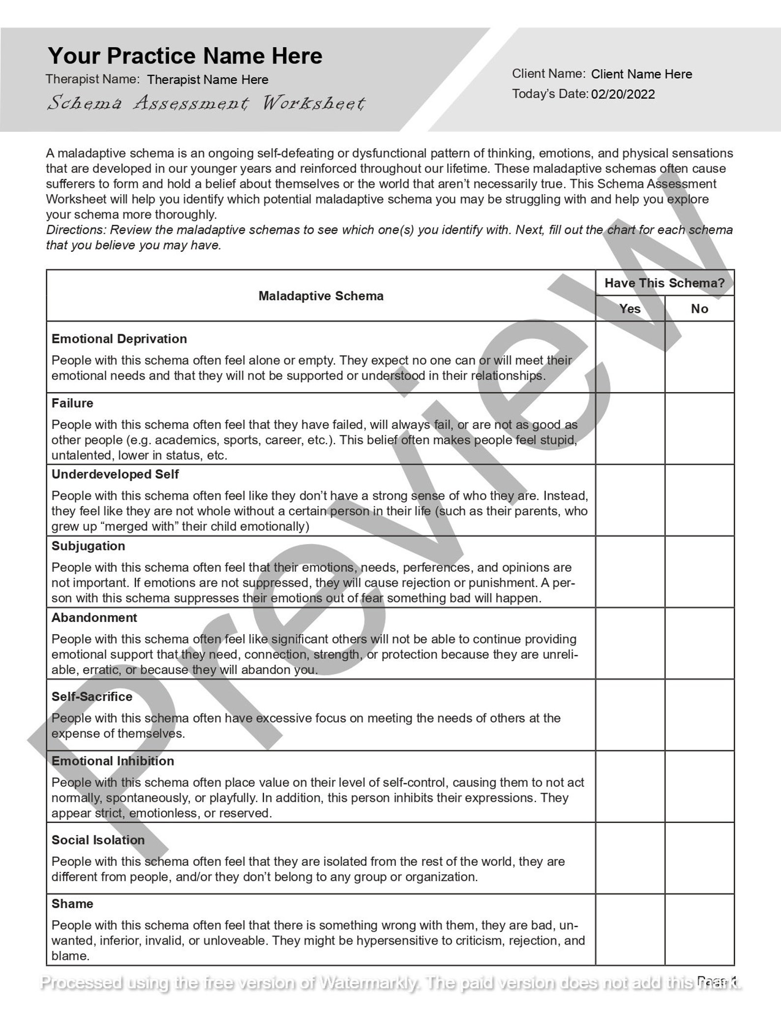 Schema Assessment Worksheet | Editable / Fillable PDF Template | for ...