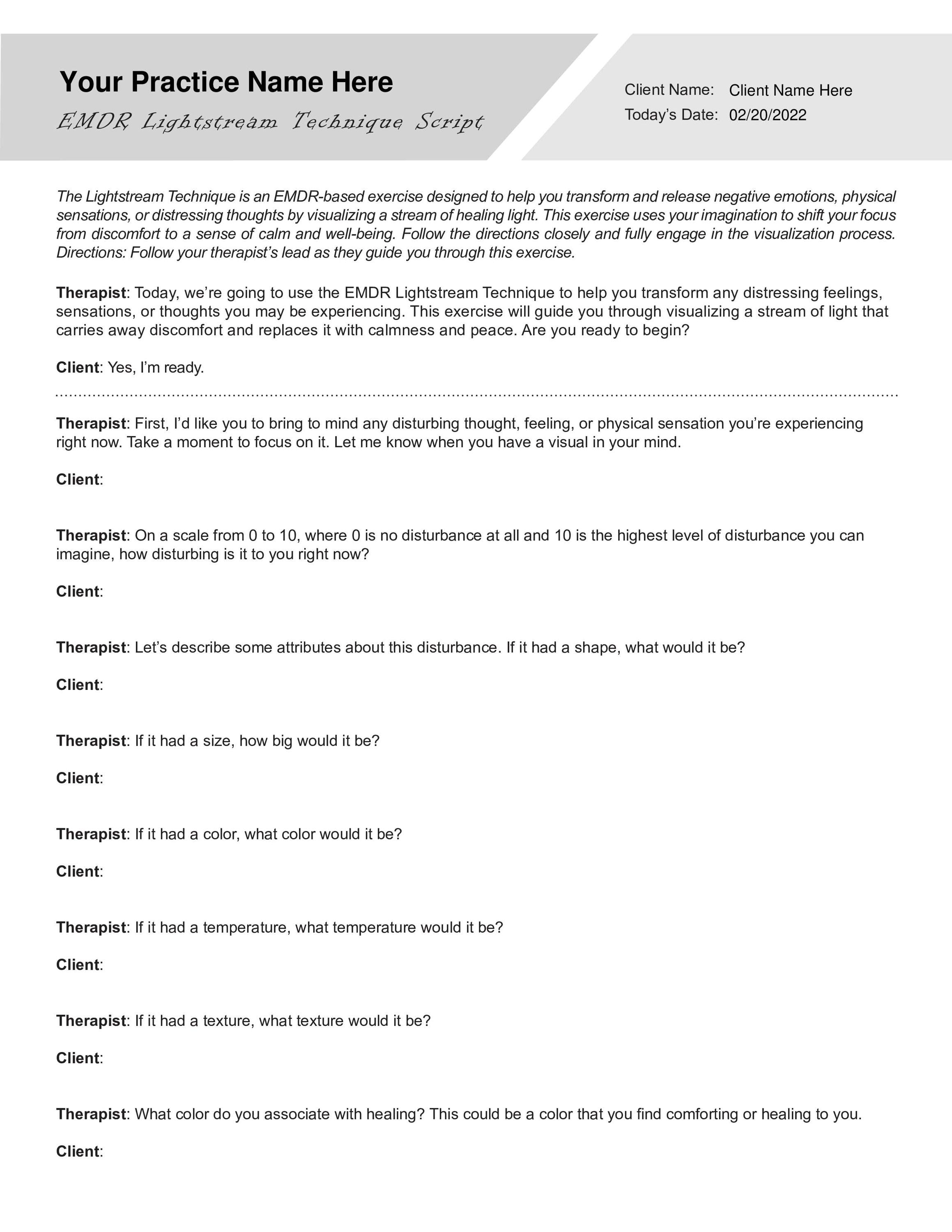 EMDR Lightstream Technique Script Worksheet | Fillable PDF | Counselors ...