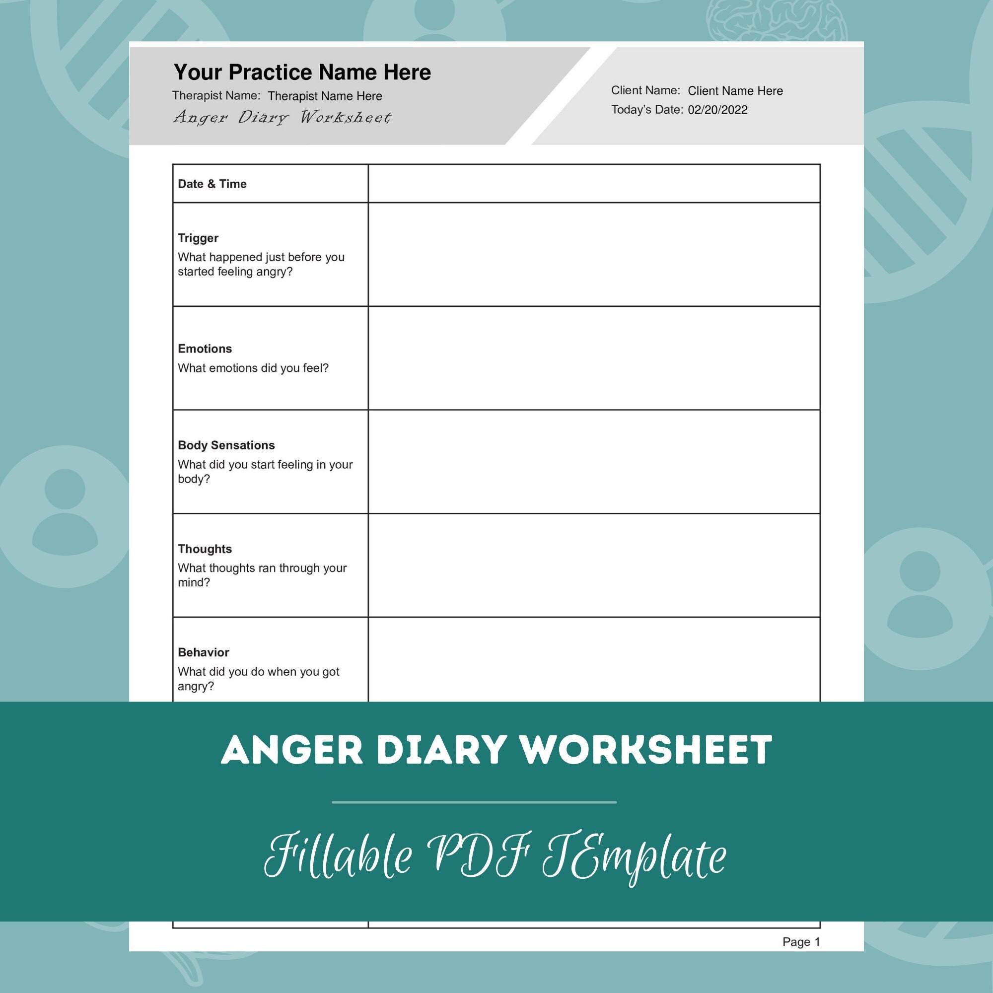 Anger Diary Worksheet | Editable / Fillable PDF | for Counselors ...