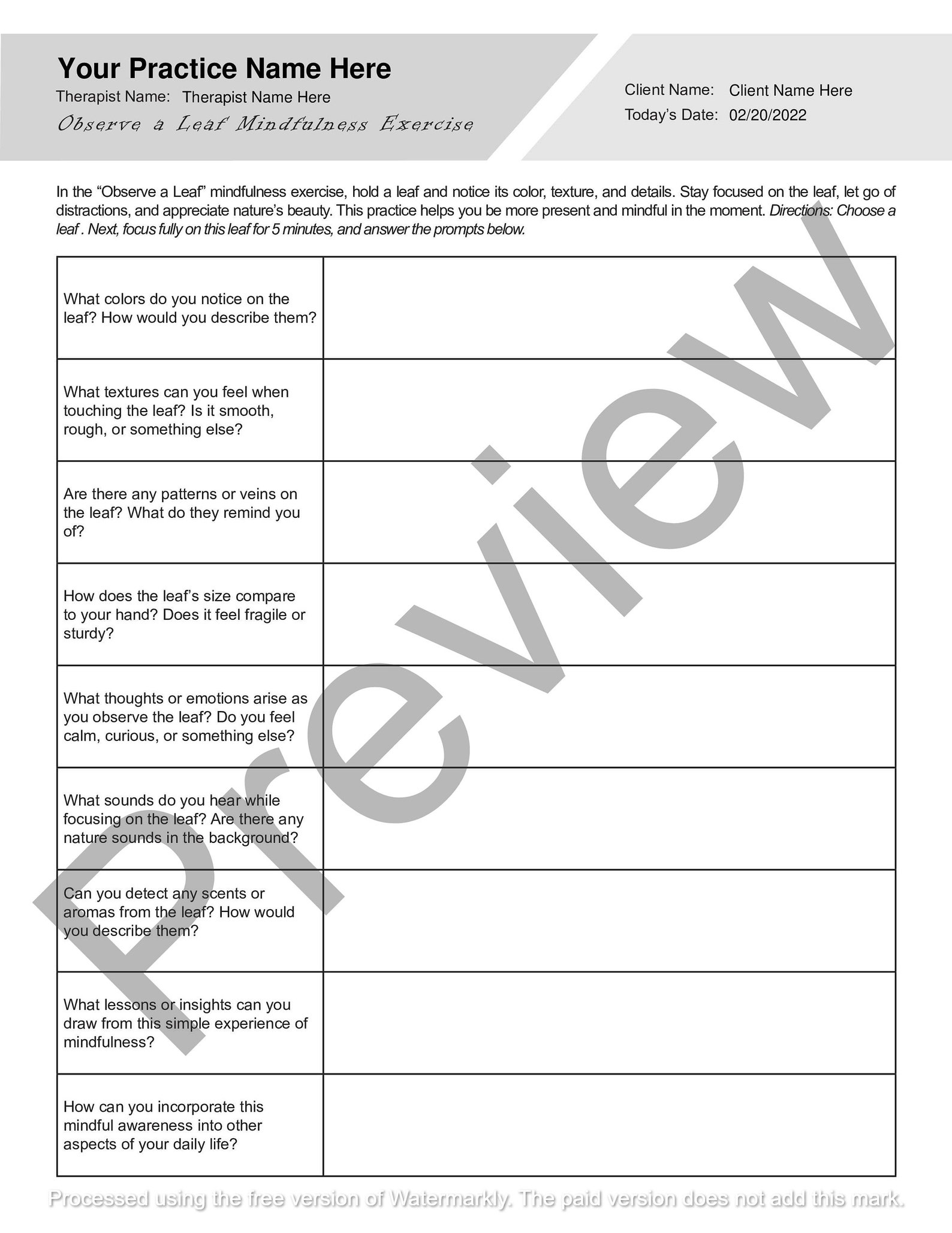 Observe a Leaf Mindfulness Worksheet | Editable / Fillable PDF | for ...
