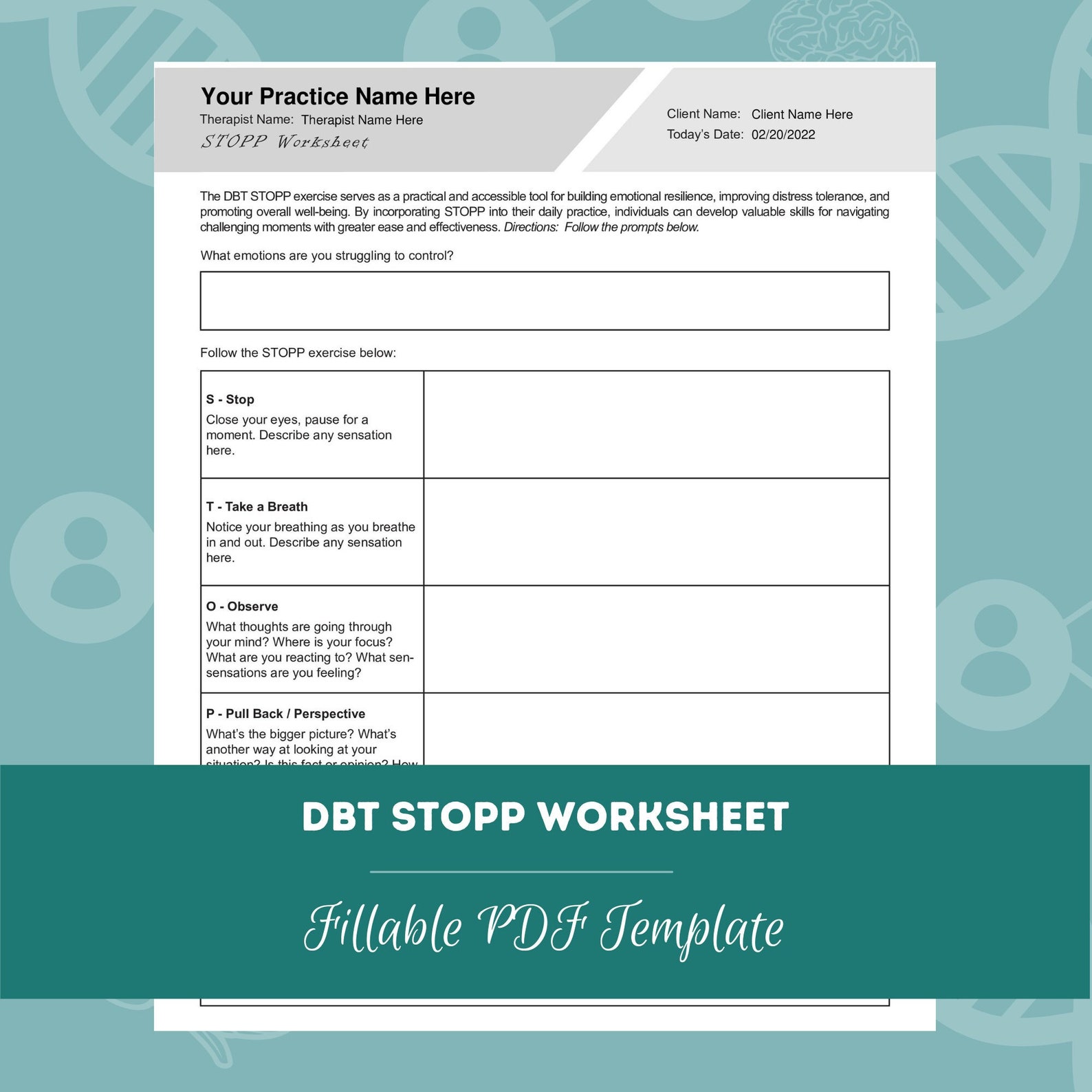 DBT STOPP Worksheet | Editable / Fillable / Printable PDF | Counselors ...