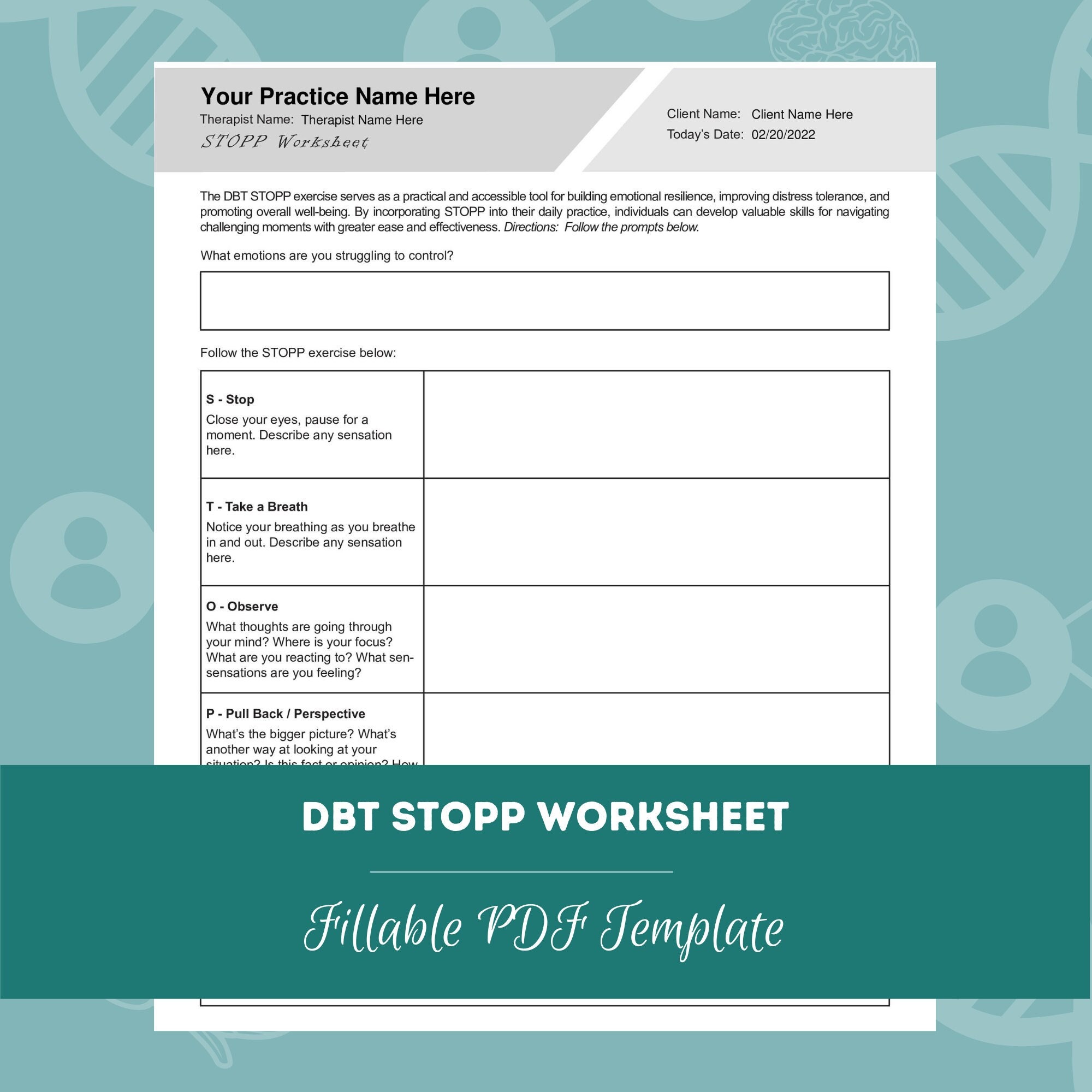 DBT STOPP Worksheet | Editable / Fillable / Printable PDF | Counselors ...